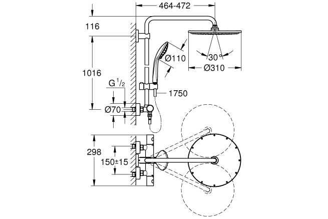 Душевая система с термостатом для настенного монтажа, GROHE Euphoria ...